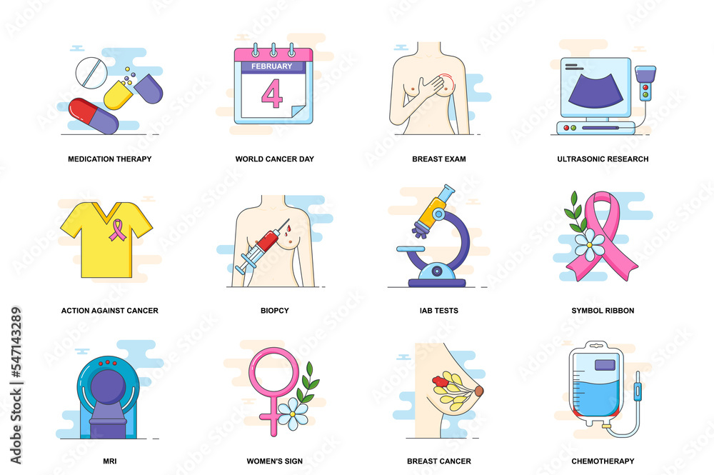 Fight cancer web concept stroke flat line icons isolated set ...