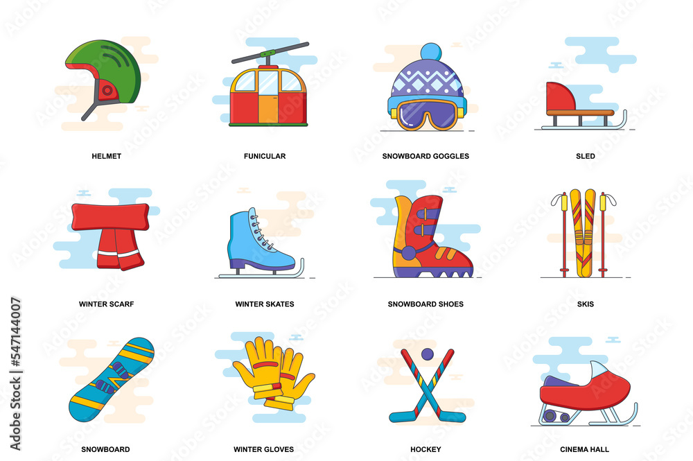 Winter activities concept stroke flat line icons isolated set. Sports ...