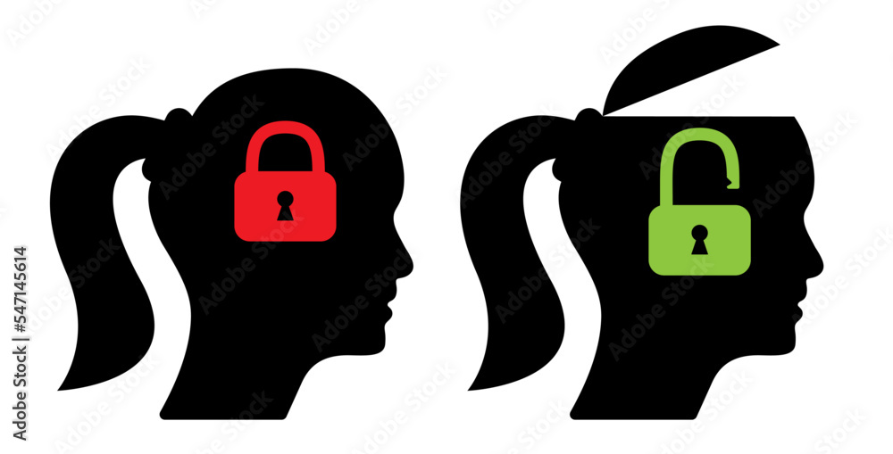 Business woman head with open mind, padlock vector design. Idea concept ...