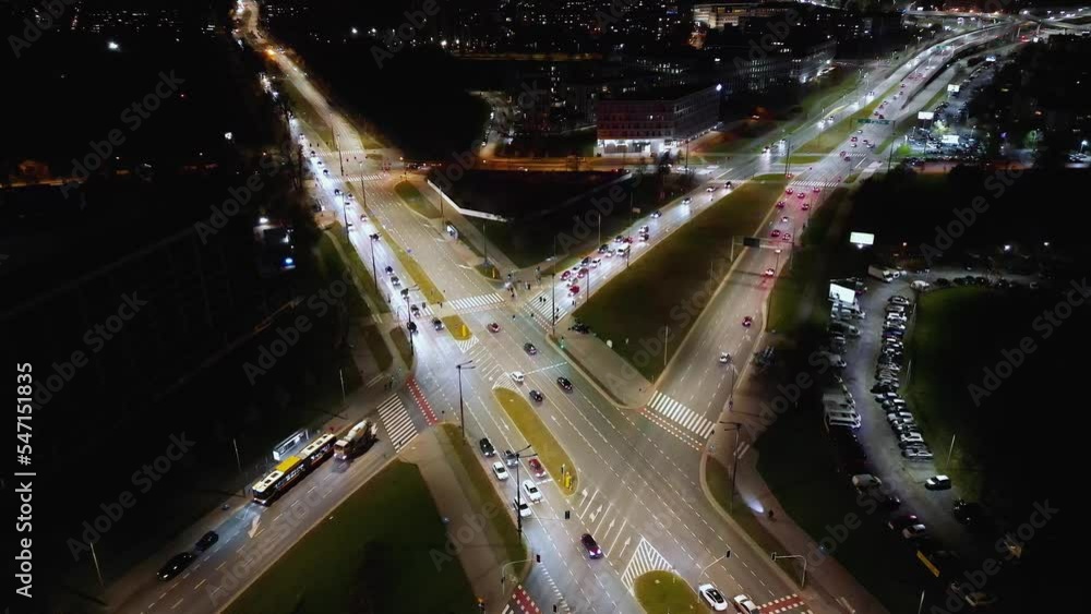 Top down night city roads with cars driving aerial view. Nightly urban ...