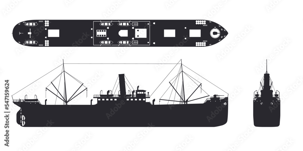 Steamer black silhouette. Steamship industrial blueprint. Ship view top ...