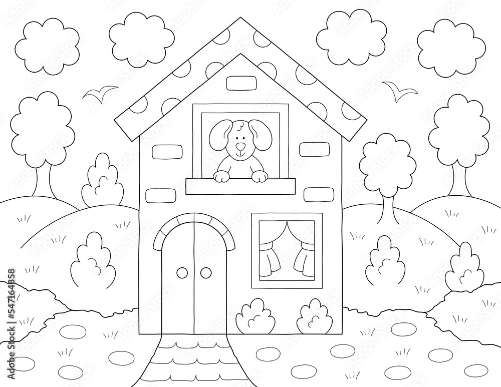 ภาพประกอบสต็อก coloring page for kids. cute drawing with a house, a dog ...