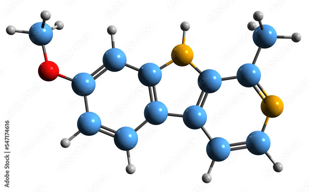 3D image of Harmine skeletal formula - molecular chemical structure of ...