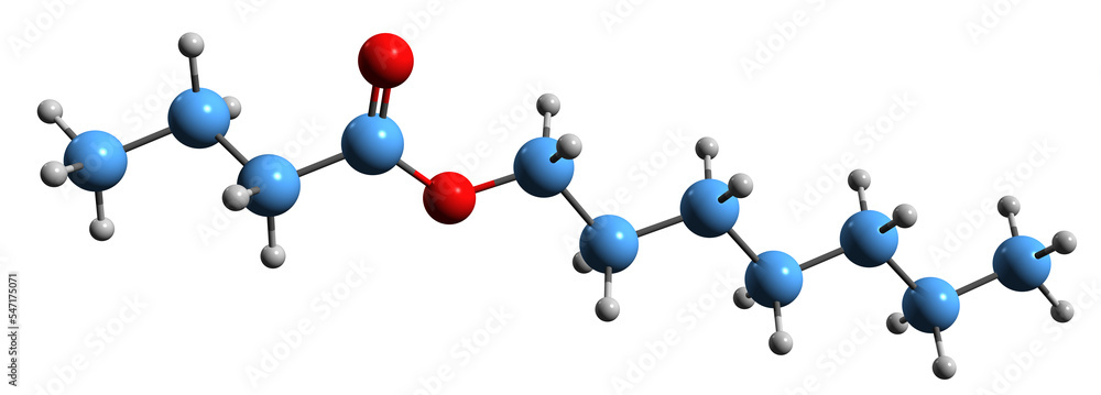 3D image of heptyl butyrate skeletal formula - molecular chemical ...