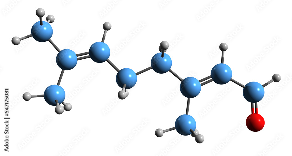 Ilustrace „ 3D image of Geranial skeletal formula - molecular chemical ...