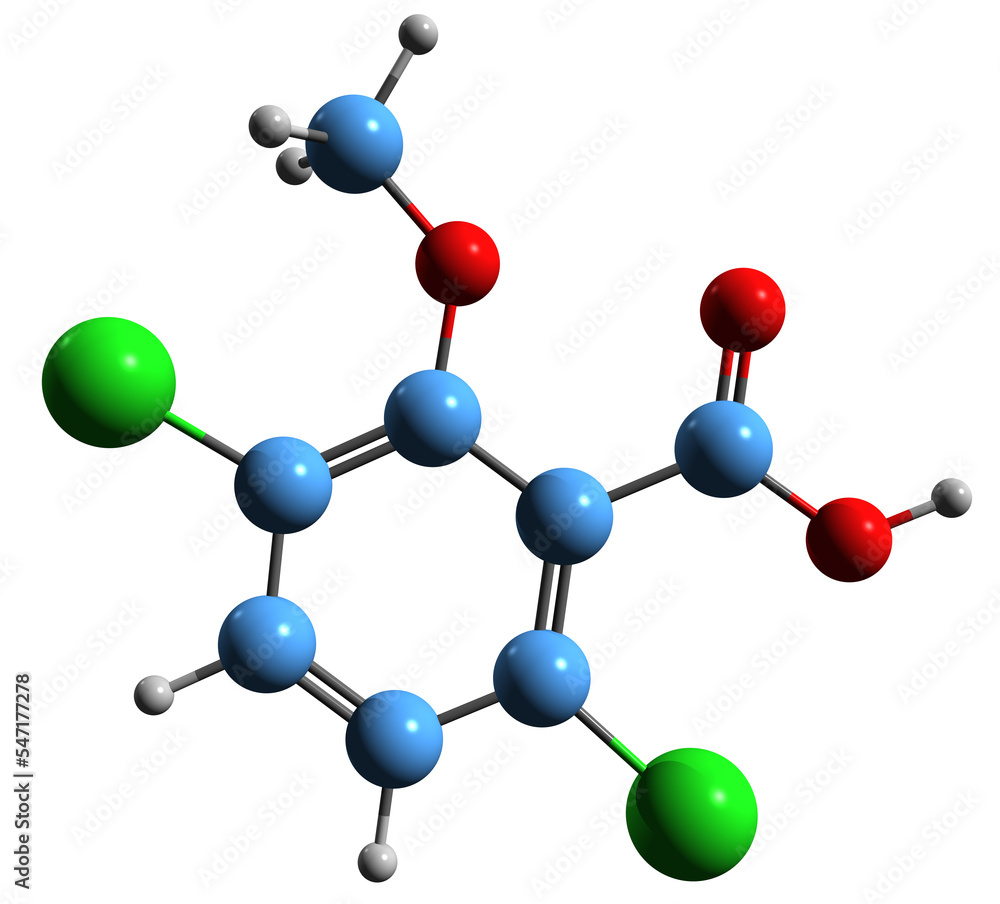 3D image of Dicamba skeletal formula - molecular chemical structure of ...