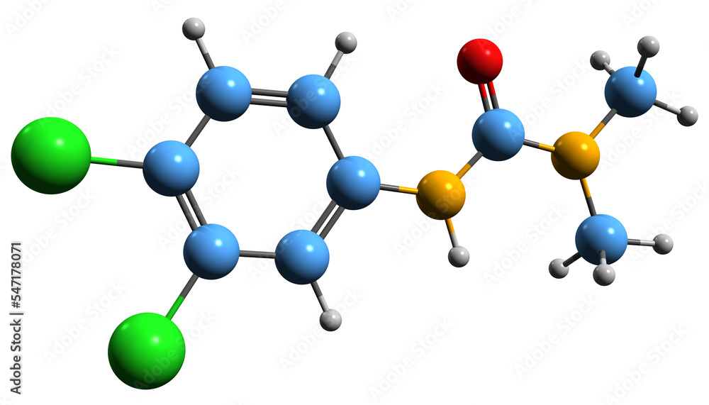 3D image of dichlorophenyl dimethylurea skeletal formula - molecular ...