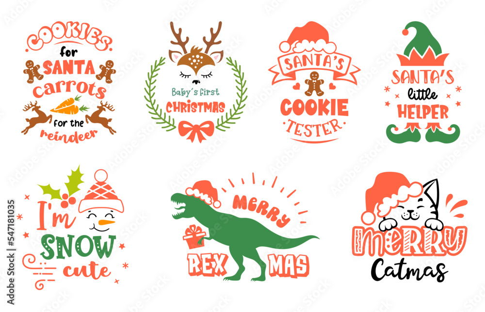 Set of kids Christmas sign with quotes. Funny baby vector designs. Set ...