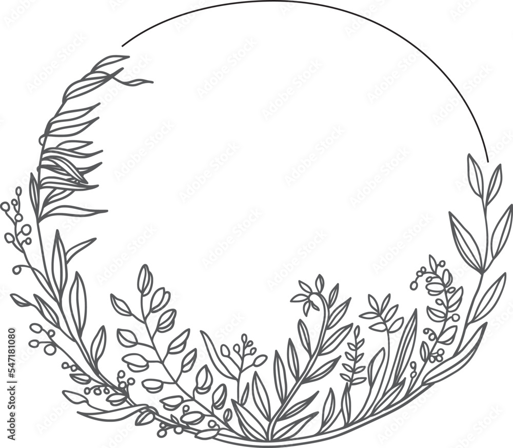 Outline Wreath of wild flowers on white background. Summer Floral ...