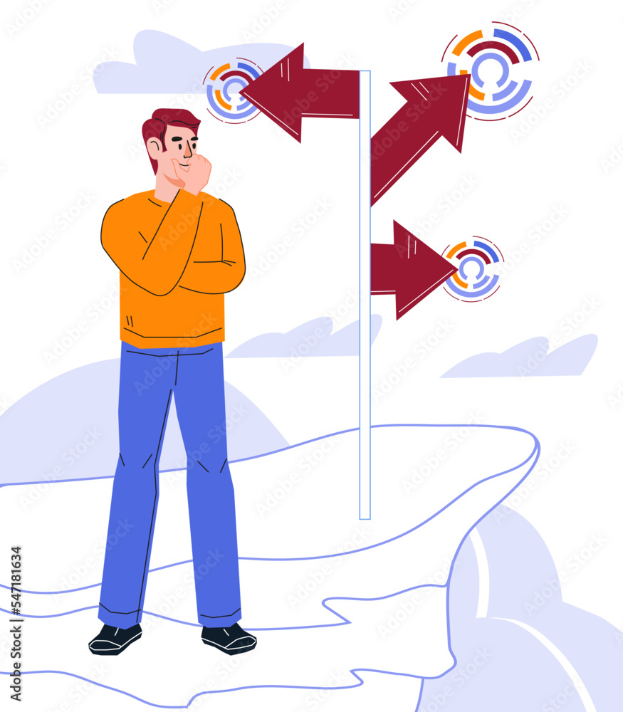 Man thinking in front of arrows with direction signs. Path choice ...