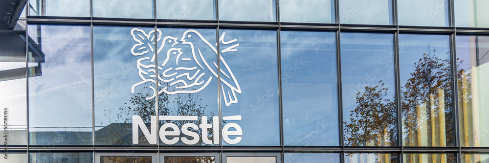 Nestlé logo at the entrance of Nestlé France headquarters building in ...