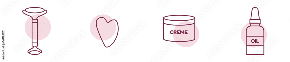 Guasha stone line icon set, face massage concept, soft skin health ...