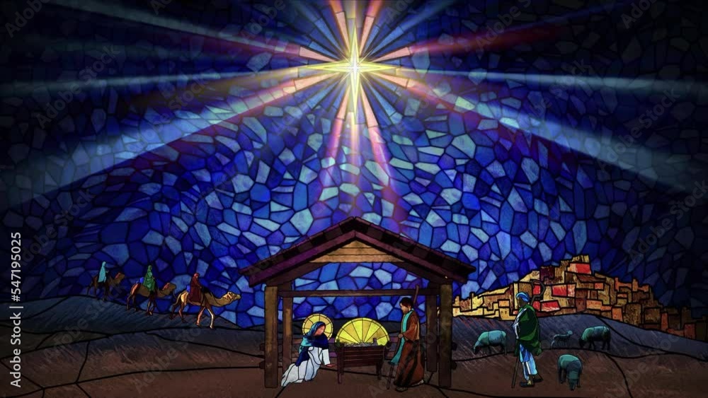 Stained Glass Christmas Manger Scene All Nativity Figures Glowing Bright Star Background Loop ...