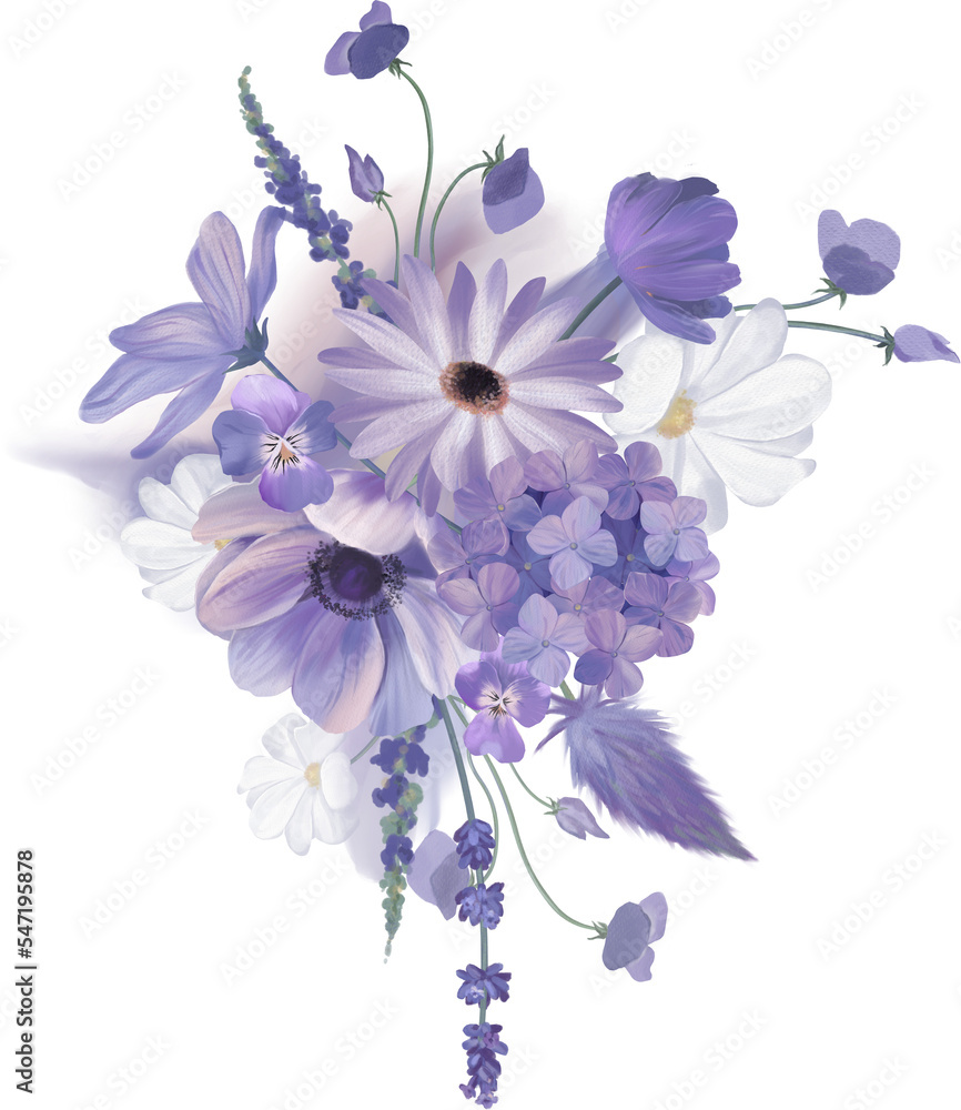 Watercolor floral bouquet illustration set. Violet, purple flowers ...