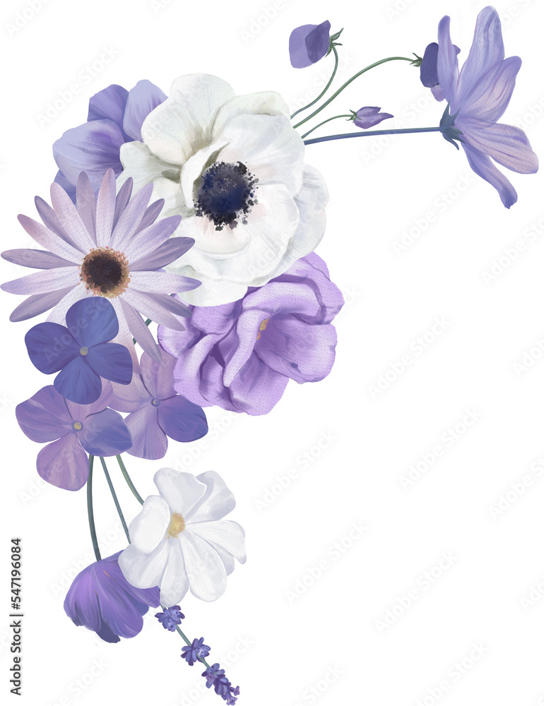 Watercolor floral bouquet illustration set. Violet, purple flowers ...