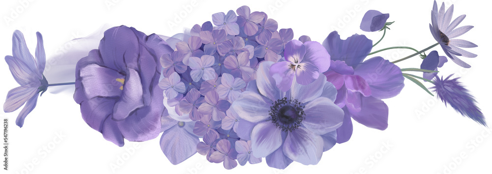 Watercolor floral bouquet illustration set. Violet, purple flowers ...