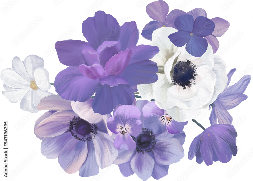 Watercolor floral bouquet illustration set. Violet, purple flowers ...
