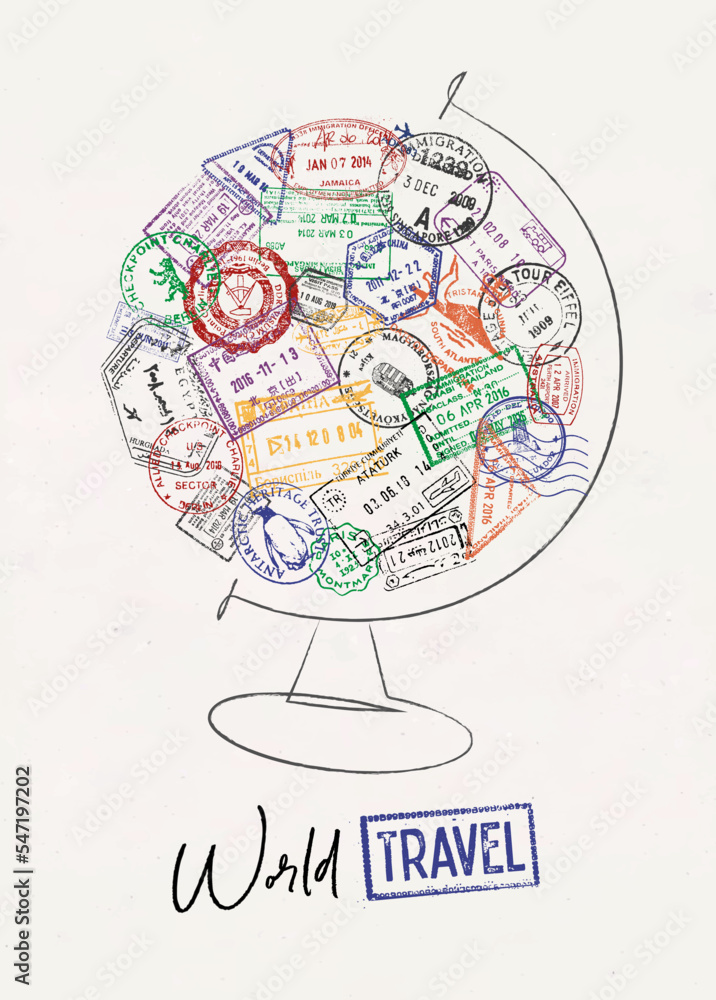 Globe made from a passport stamps different countries with lettering ...