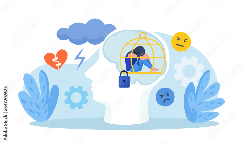 Head silhouette with mental trap as closed cage. Psychological mindset ...