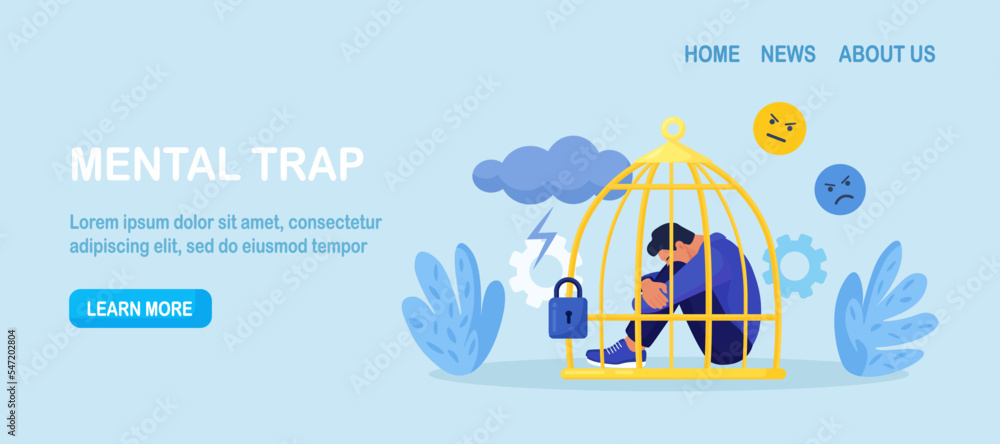 Head silhouette with mental trap as closed cage. Psychological mindset ...