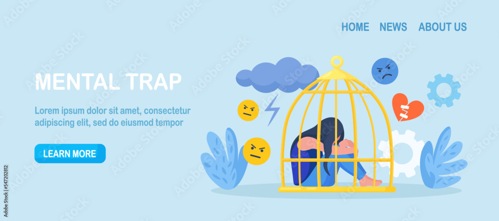 Psychological mindset as feeling like trapped in birdcage. Inner prison ...