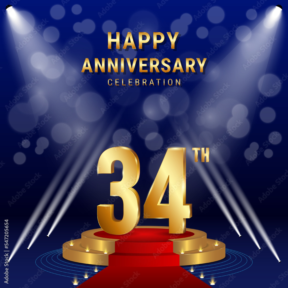 34th Anniversary Celebration. Template design with golden stage for ...
