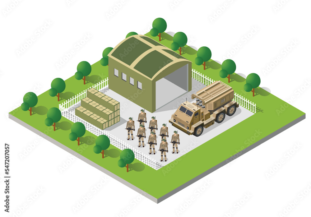 Building design army armed troop isometric armed military transport ...