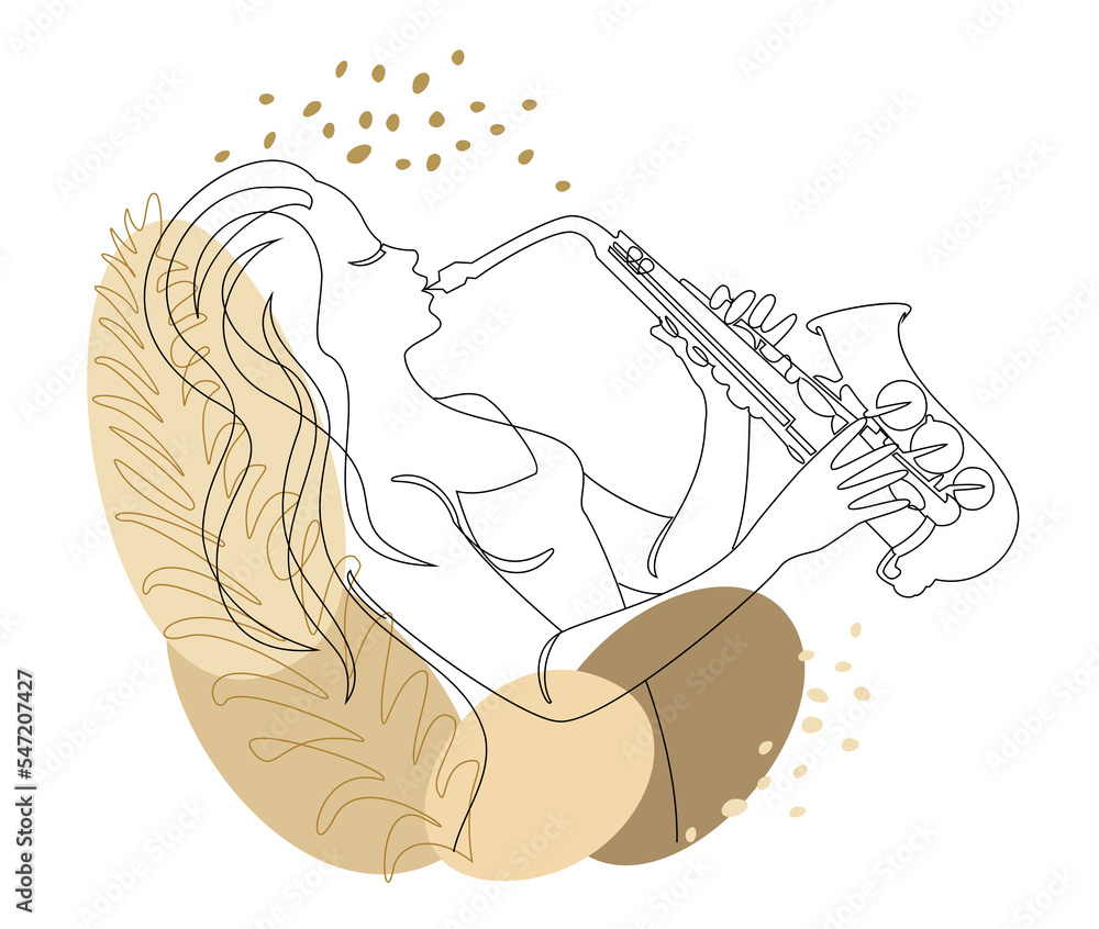 Silhouette of a beautiful woman playing the saxophone and leaves of a ...