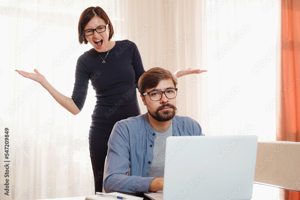 Portrait of attractive mad furious coworkers having fight crisis ...