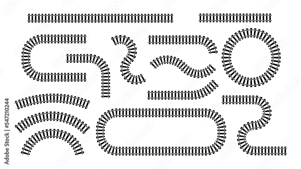 Railroad top view set. Twisted and straight black path made of steel ...