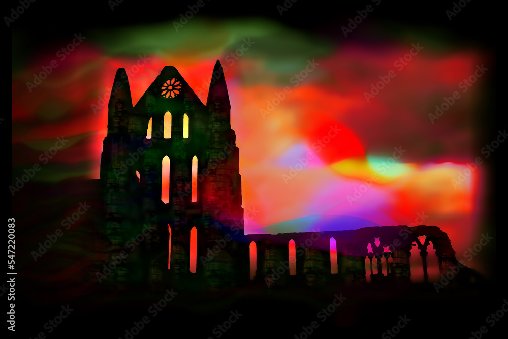 Whitby Abbey in silhouette with a fiery night sky abstract Stock ...