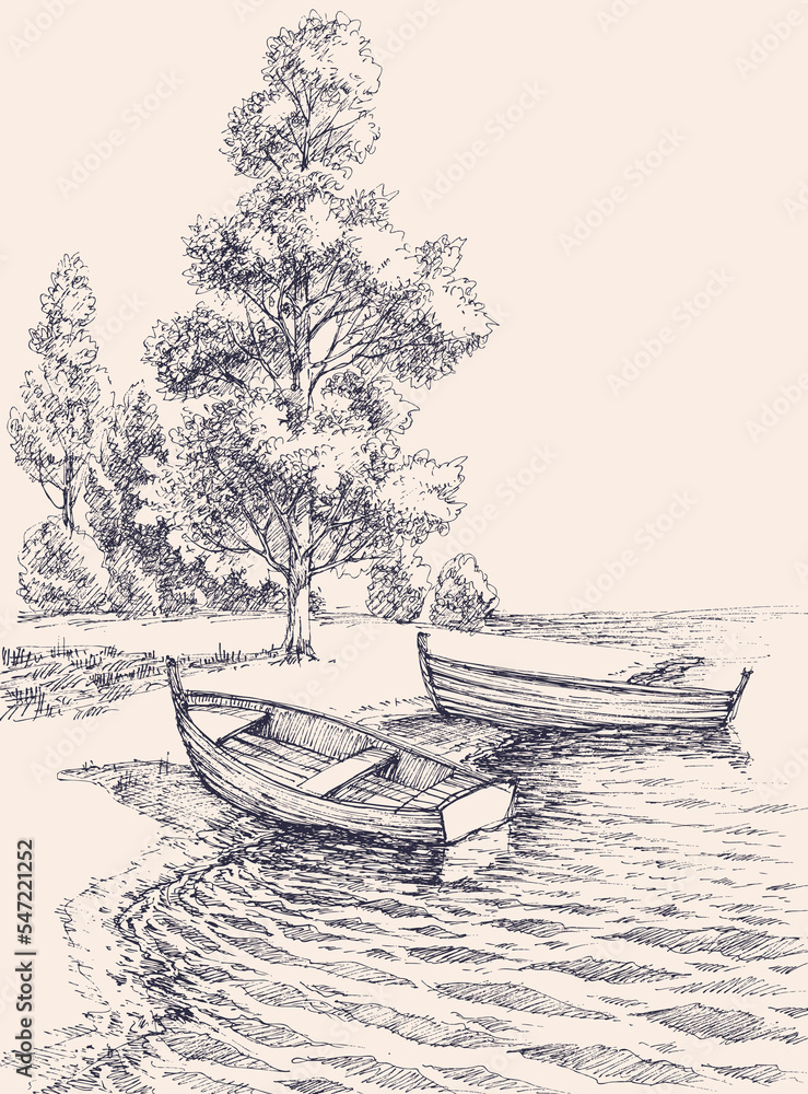 Empty boats on shore in the park lake, hand drawing landscape Stock ...