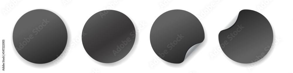Realistic set of black round sticky stickers with curved edges and a ...
