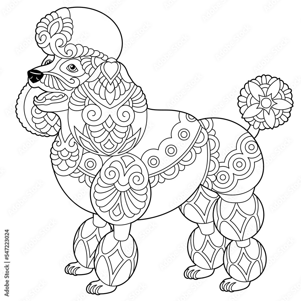 Cute happy poodle dog. Adult coloring book page in mandala style. Stock ...