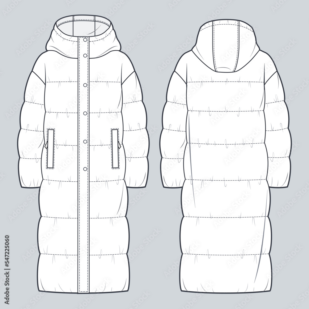 Unisex Puffer Coat technical fashion Illustration. Hooded quilted ...