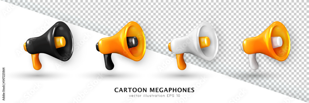 Vecteur Stock Set of yellow, white and black 3d megaphones isolated on ...