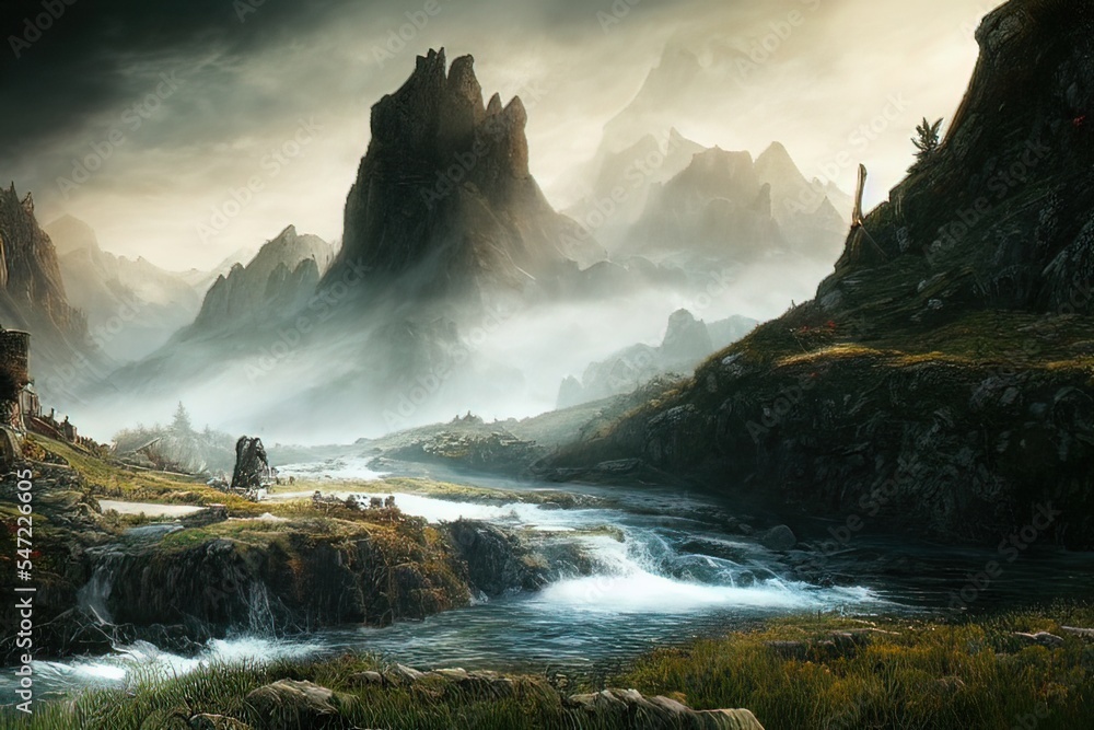 fantasy rock mountain waterfall in Norse Mythology, darkness Stock ...