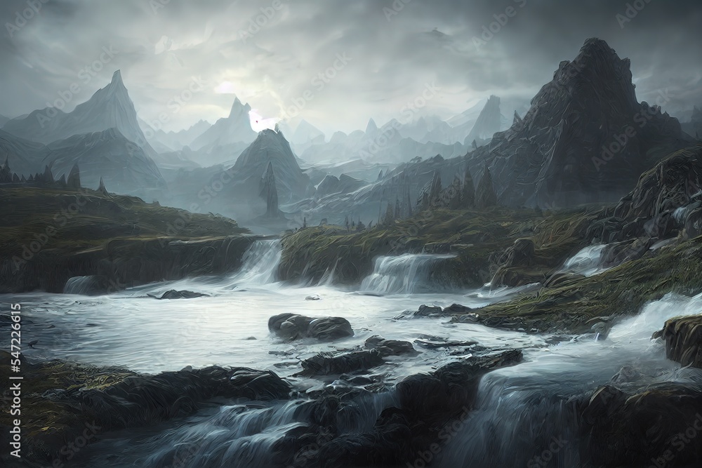 fantasy rock mountain waterfall in Norse Mythology, darkness Stock ...
