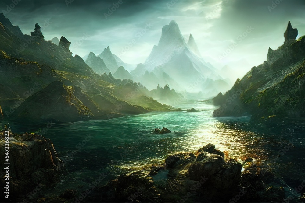fantasy rock mountain lake and river in concept Norse Mythology Stock ...