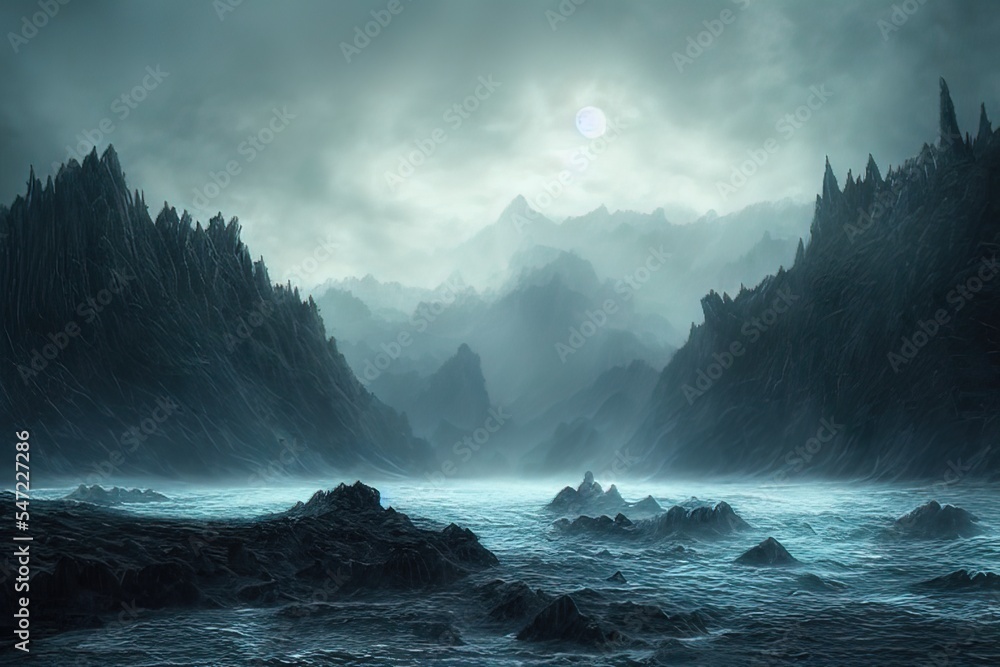 fantasy rock mountain lake and river in concept Norse Mythology Stock ...