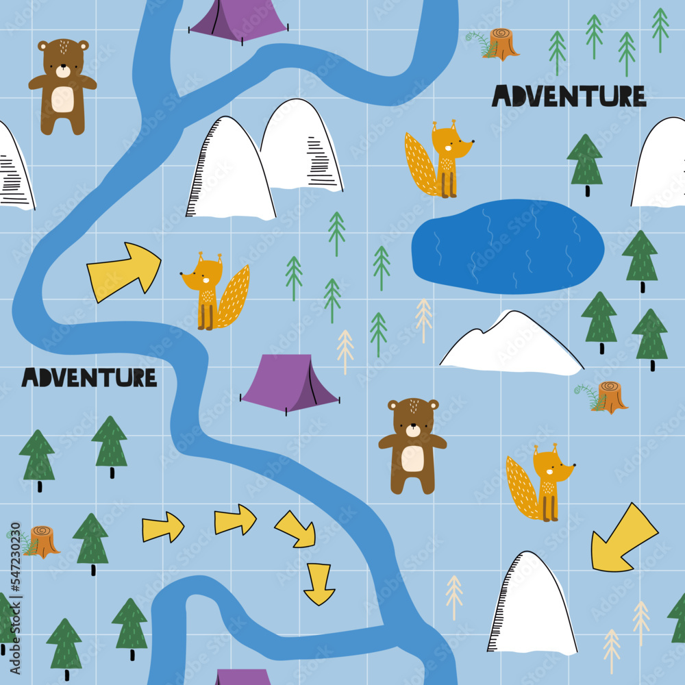 Cartoon funny camping, hiking seamless pattern. Childish cartoon map ...