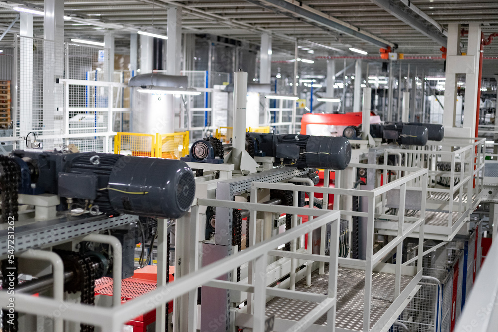 Factory. Factory in food chain. Production line. Autonomous robots ...