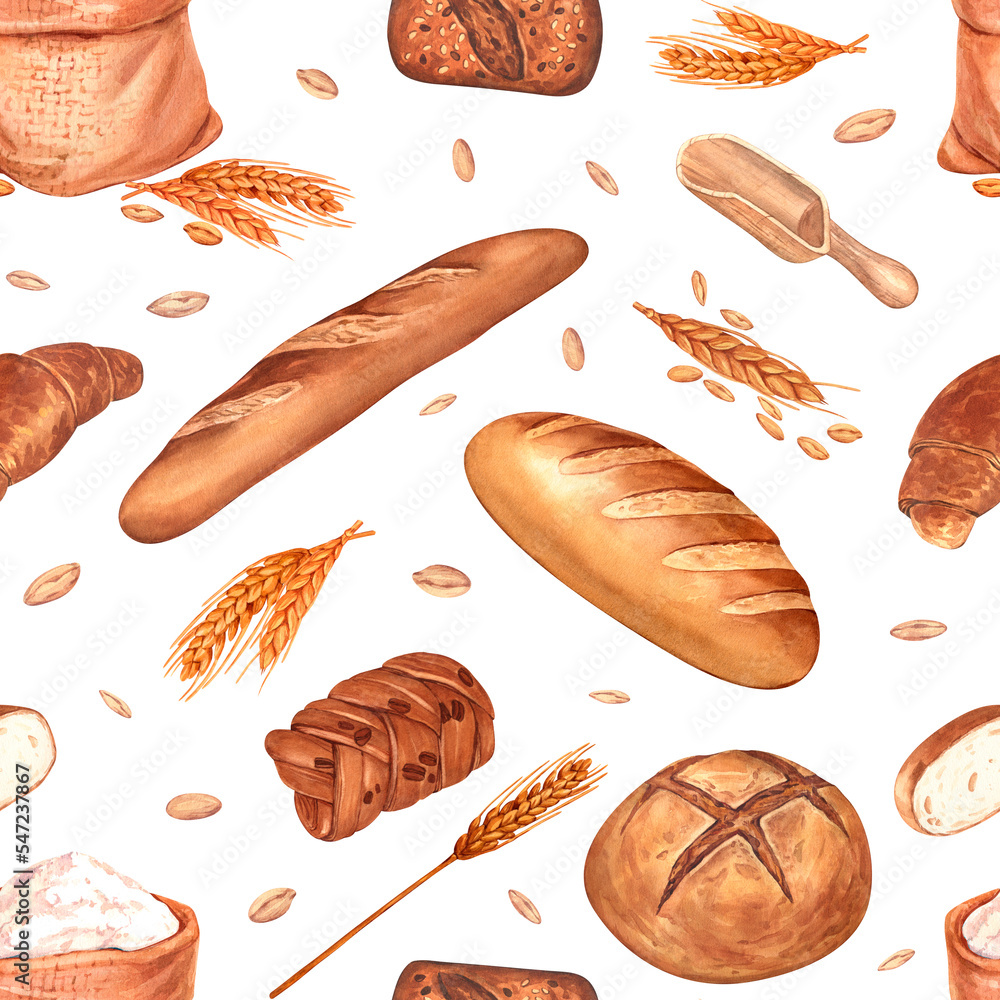 Seamless bread pattern. Watercolor bakery background with wheat spica ...