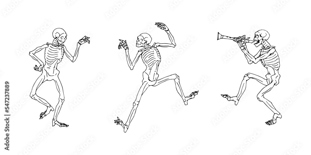 Dance of the dead. Funny skeletons. Vector illustration with black lines isolated on white ...