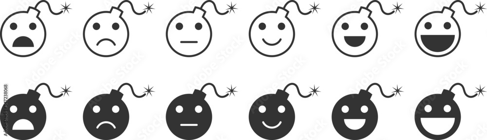 Set of rating emotion bomb faces. Bomb emoticon icons. Vector ...