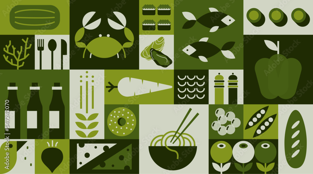 Geometric food pattern. Simple fruit vegetable seafood grocery ...