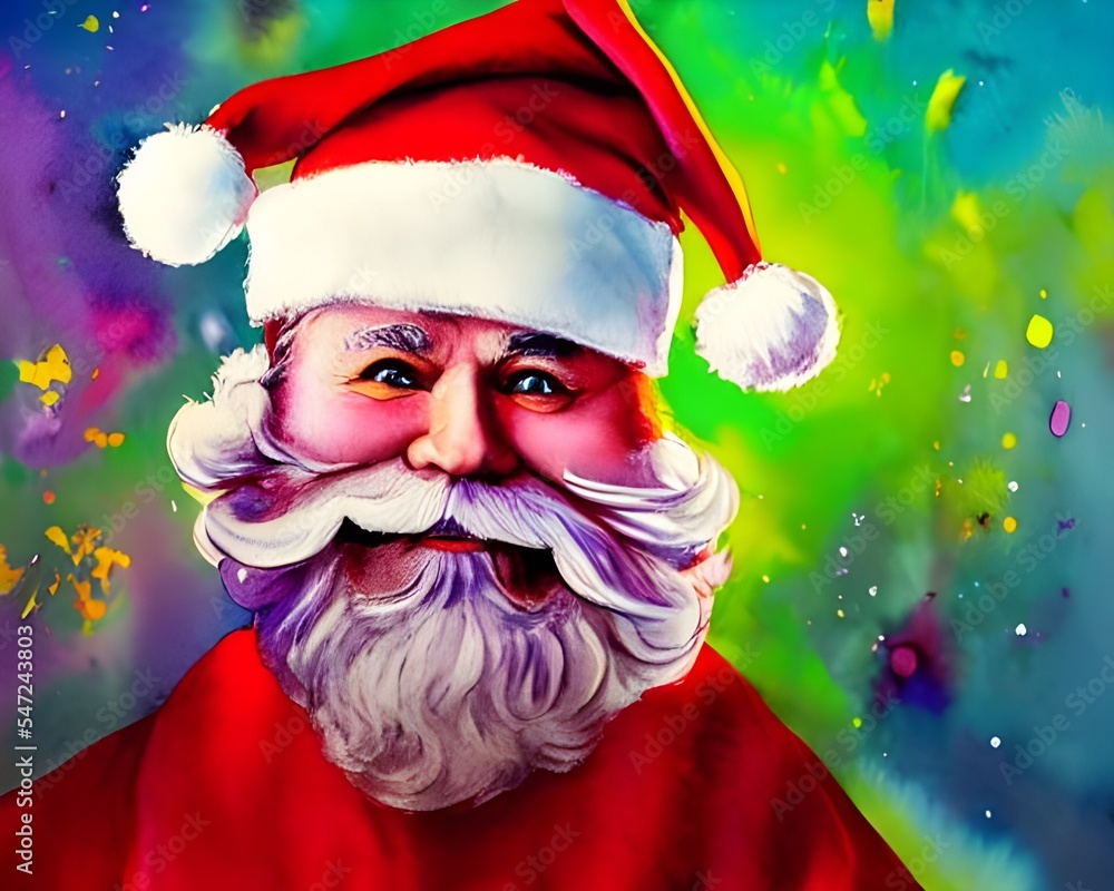 Zoomed in on Santa Claus's face, his bright blue eyes look twinkly ...