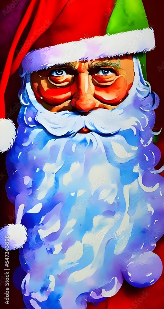 In this portrait, Santa Claus is shown holding a sack of presents and ...