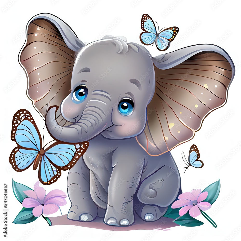 Cute baby elephant with butterfly, 2d illustrated illustration. Stock ...