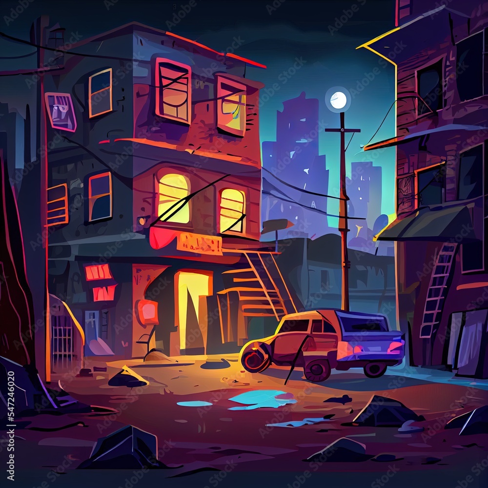 Ghetto street at night, slum ruined abandoned old buildings with ...